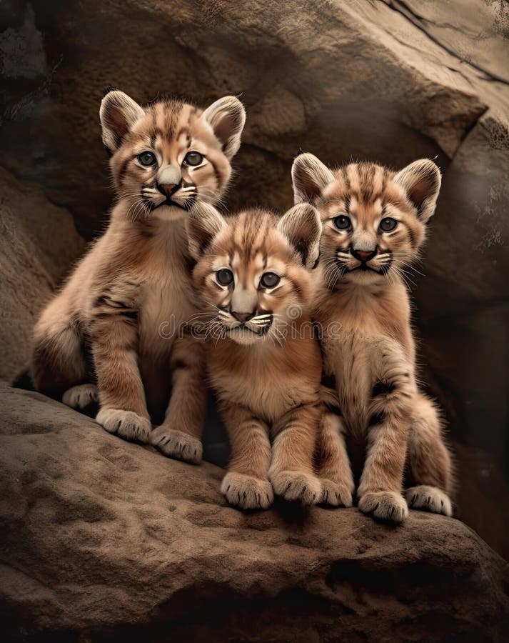 Cougar Kitten Cubs with Their Ears Up, Ai-generated Artwork Stock ...