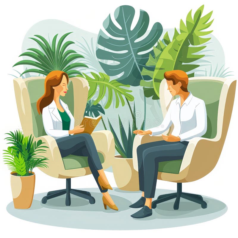 Counseling Session in a Lush, Green Office Setting with Two Engaged ...