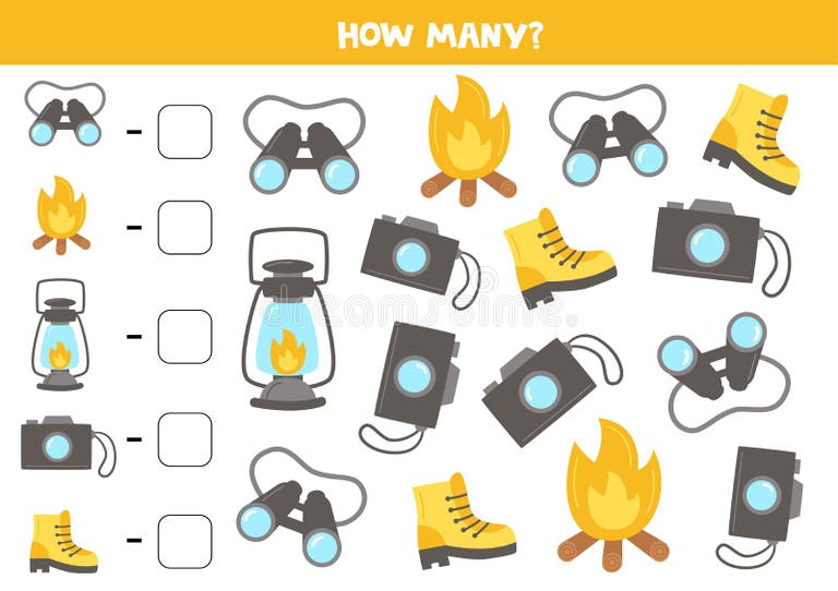 Counting Game with Flat Camping Pictures. Math Worksheet. Stock Vector ...