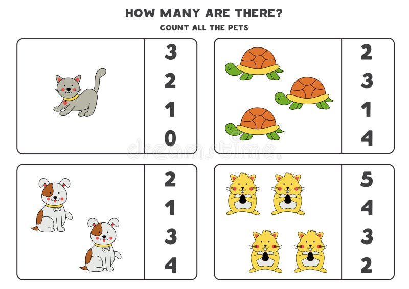Counting Game with Cute Hand Drawn Pets. Educational Worksheet. Stock ...