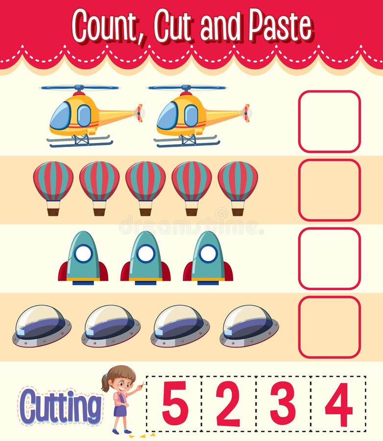 Count, Cut and Paste Maths Worksheet for Children Stock Vector ...