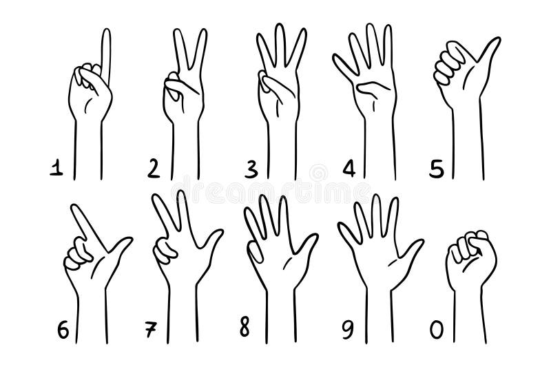 Count Finger from 0 To 9. Five Human Counting Doodle Drawing Hands Set ...