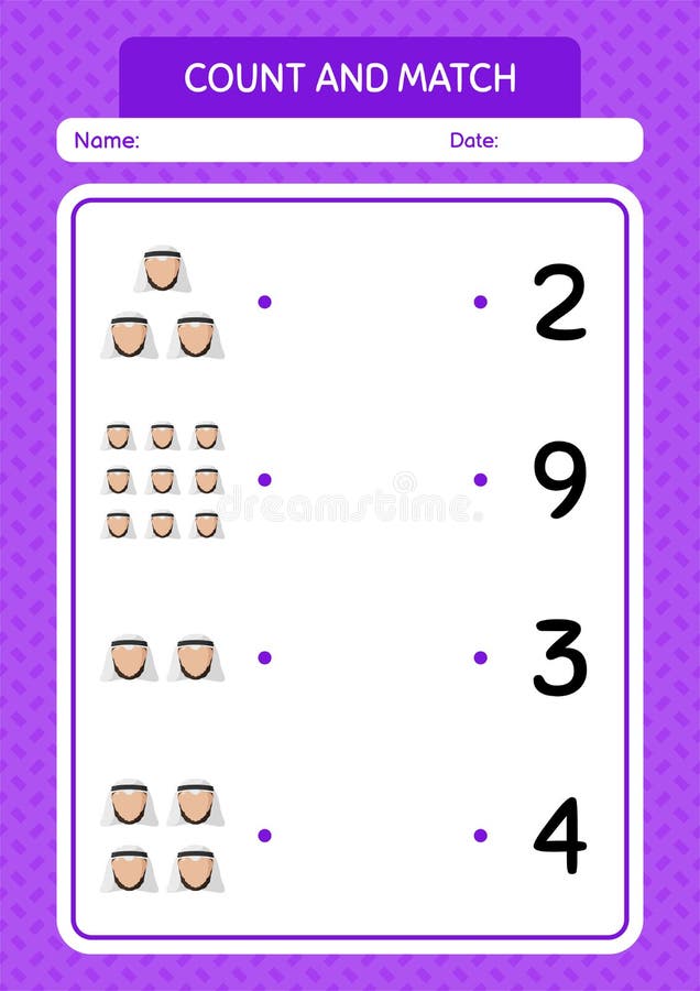 Count and Match Game with Arabian. Worksheet for Preschool Kids, Kids ...