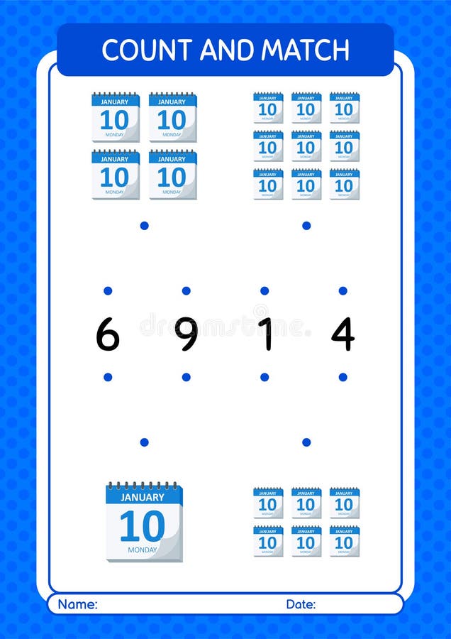 Count and Match Game with Calendar. Worksheet for Preschool Kids, Kids ...