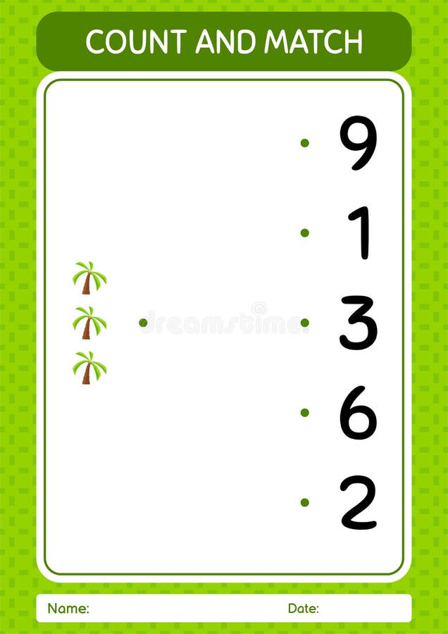 Count and Match Game with Coconut Tree. Worksheet for Preschool Kids ...