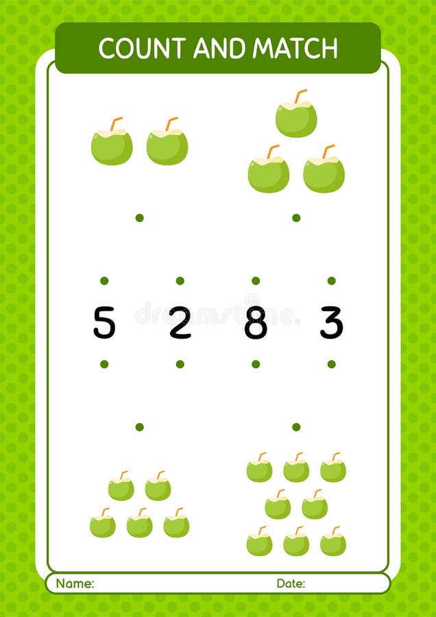 Count and Match Game with Coconut. Worksheet for Preschool Kids, Kids ...