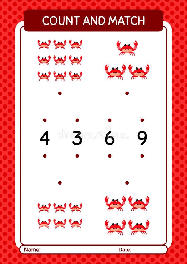 Count and Match Game with Crab. Worksheet for Preschool Kids, Kids ...