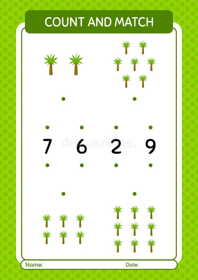 Count and Match Game with Palm Tree. Worksheet for Preschool Kids, Kids ...