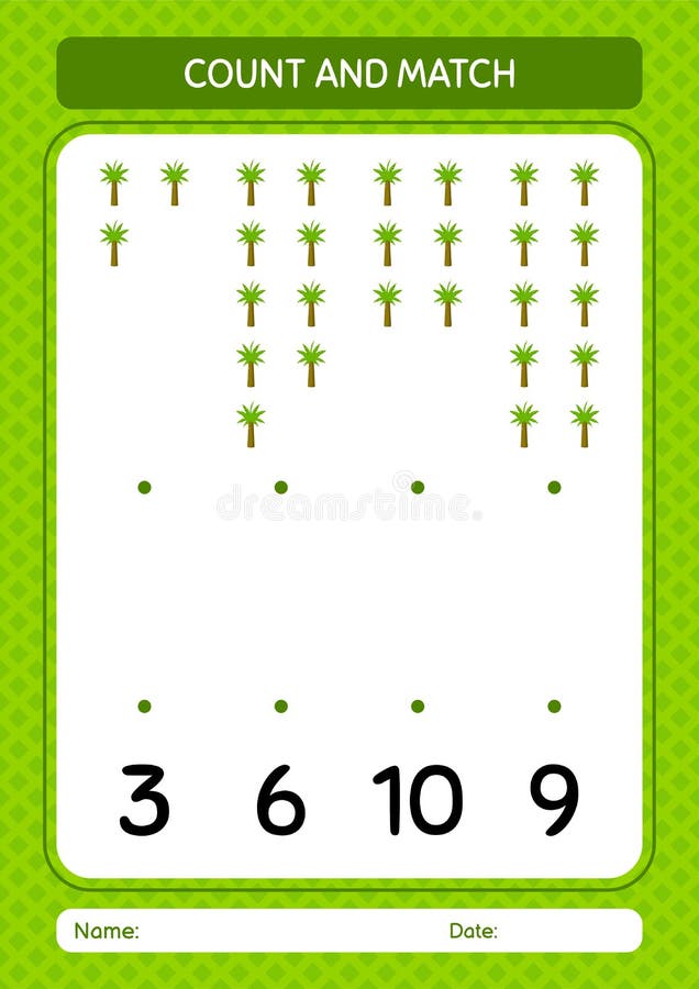 Count and Match Game with Palm Tree. Worksheet for Preschool Kids, Kids ...
