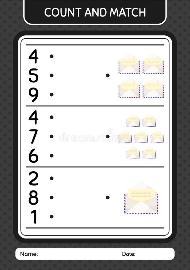 Count and Match Game with Paper Mail. Worksheet for Preschool Kids ...