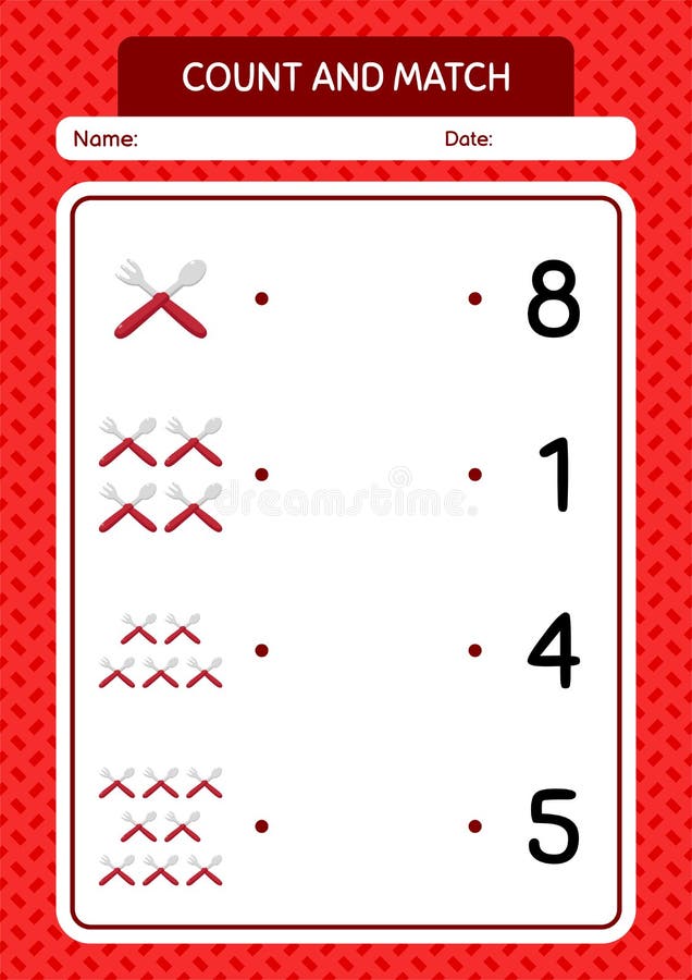 Count and Match Game with Spoon and Fork. Worksheet for Preschool Kids ...