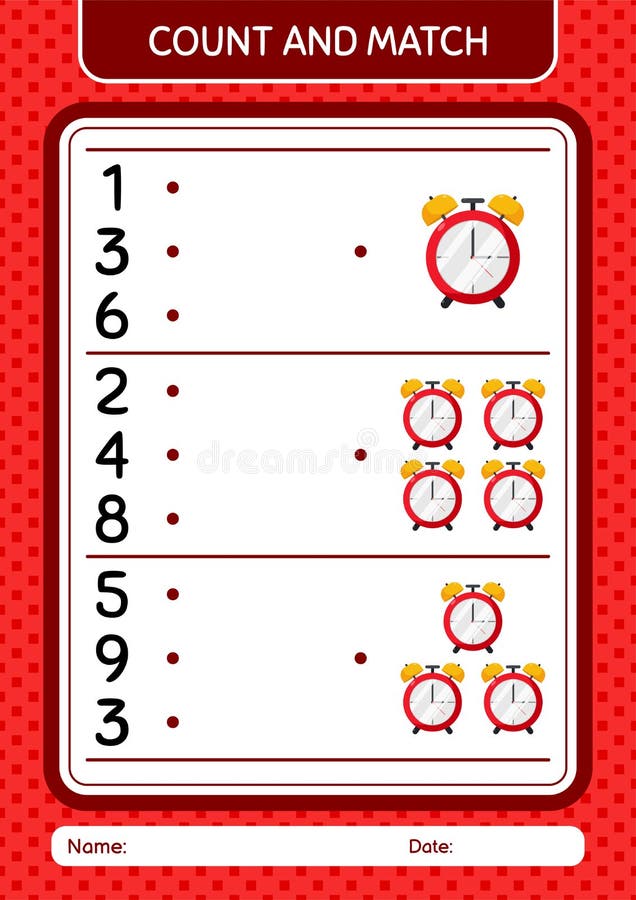 Count and Match Game with Waker Clock. Worksheet for Preschool Kids ...