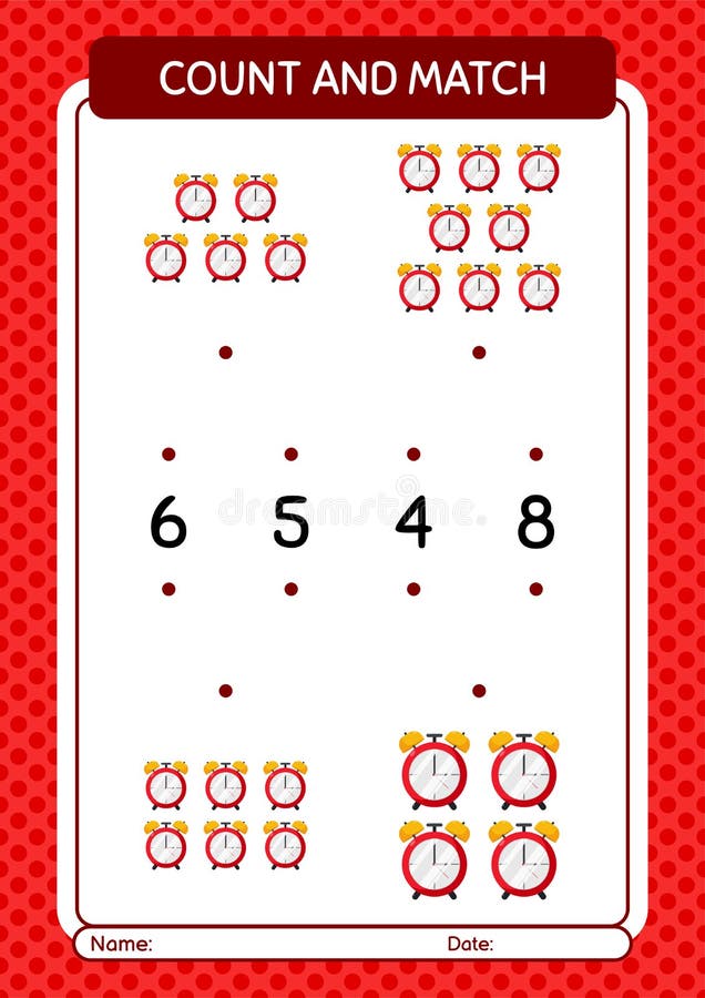 Count and Match Game with Waker Clock. Worksheet for Preschool Kids ...