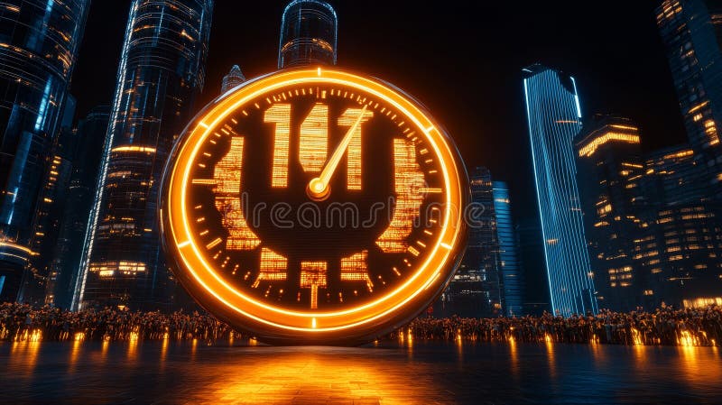 Countdown Clock in Futuristic Cityscape Stock Illustration ...