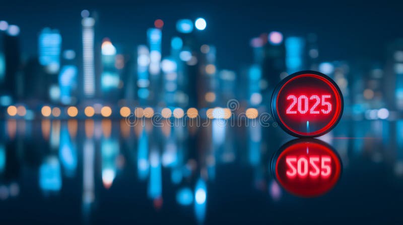 Countdown Clock Showing 2025 Reflecting in a Puddle with City Skyline ...