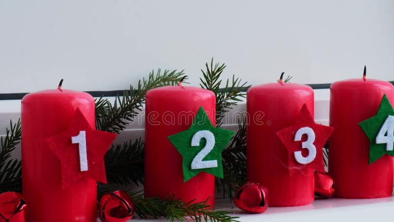 Countdown Four Advent Red Candles with Numbers Burning, Fir Branches ...