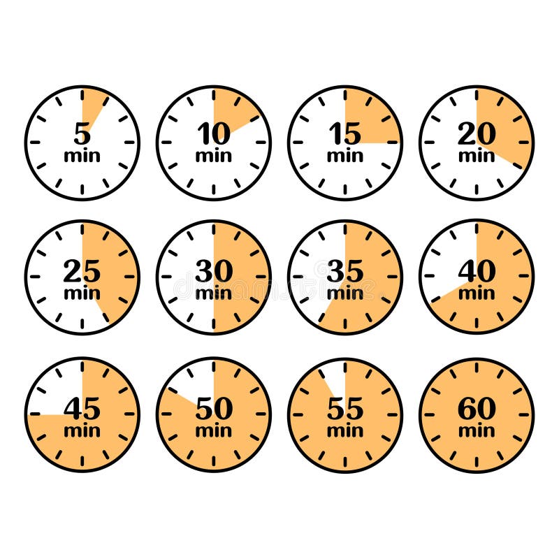 Countdown Timer with Minutes. Set of Stopwatch Icons with 5 Minutes Gap ...