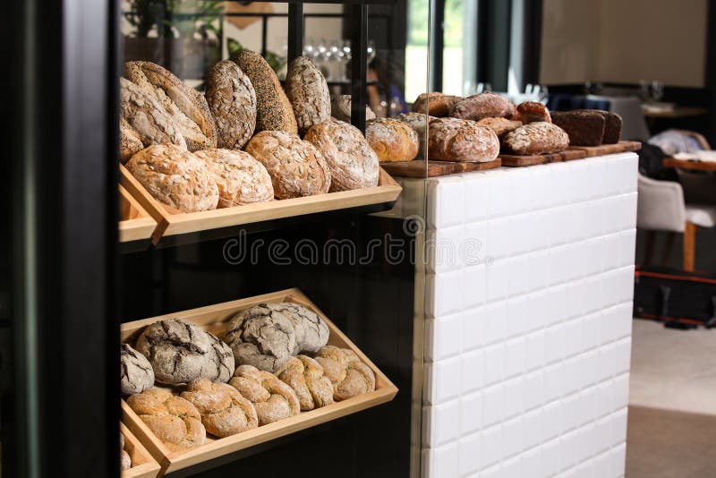 Counter with Assorted Fresh Bread in Bakery Stock Image - Image of ...