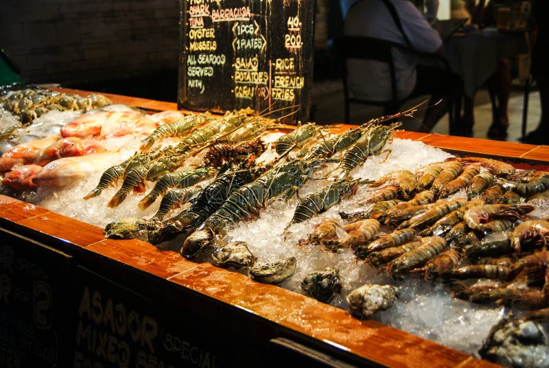 The Counter with Assorted Seafood in a Thai Restaurant Stock Photo ...