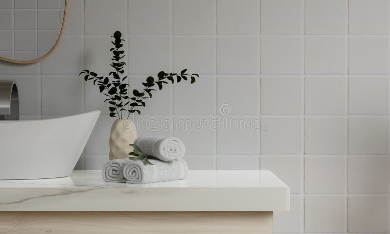 Counter with Ceramic Washbasin and Modern Style White Bathroom 3d ...
