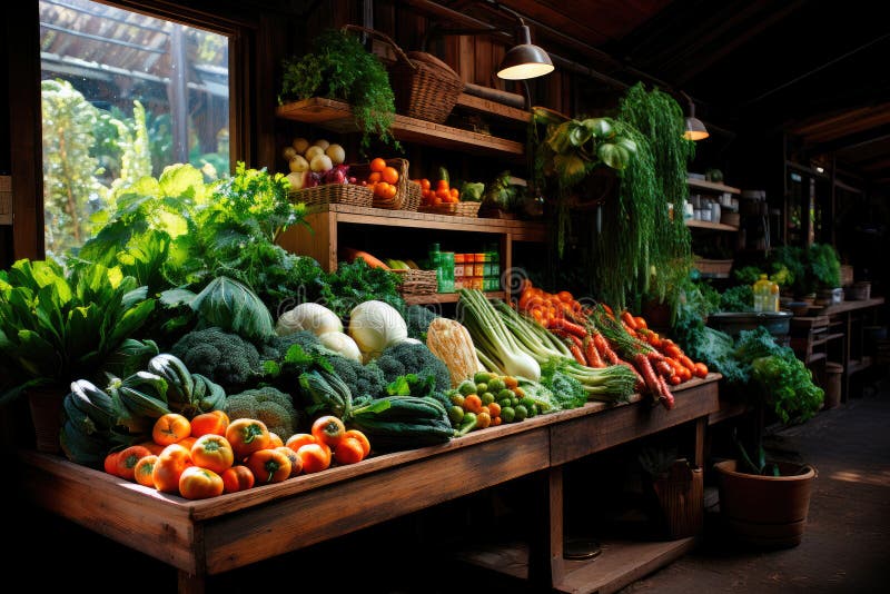 Counter with Farm Organic Vegetables and Fruits Stock Illustration ...