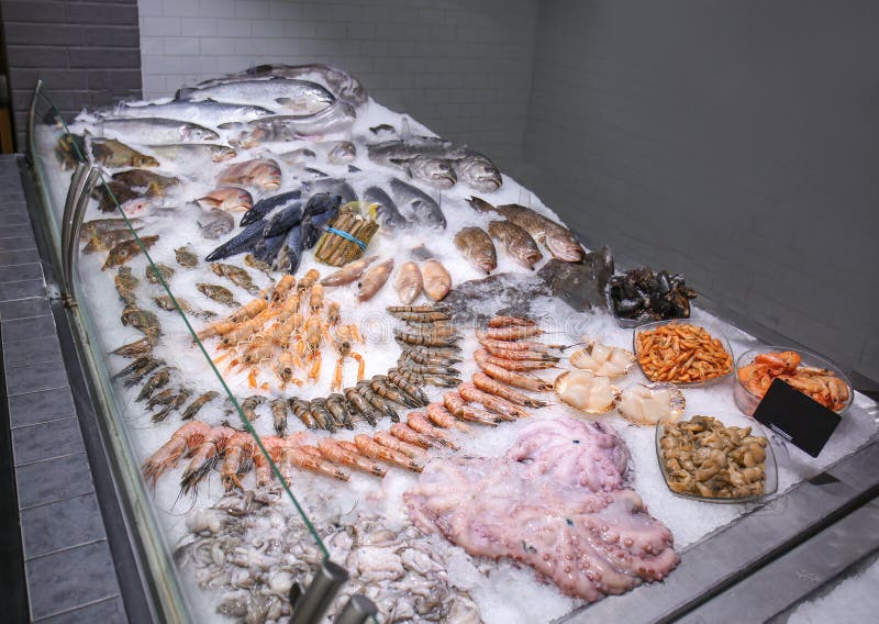 Counter with Fresh Fresh Seafood in Store Stock Image - Image of ...