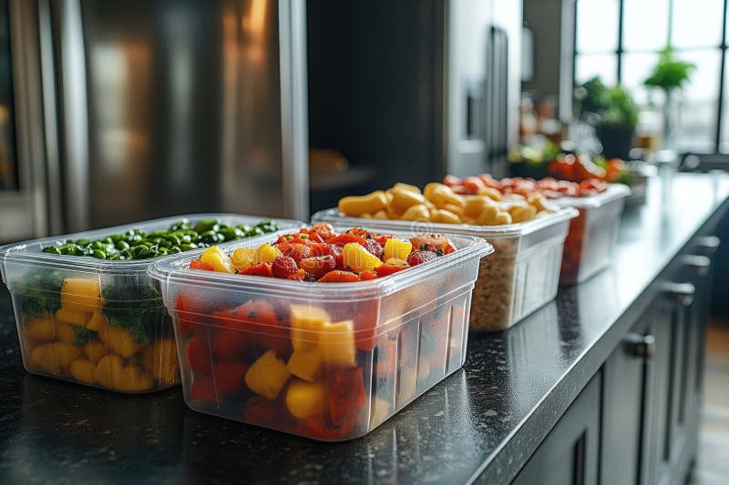Counter with Plastic Containers Filled with Various Food Items Stock ...