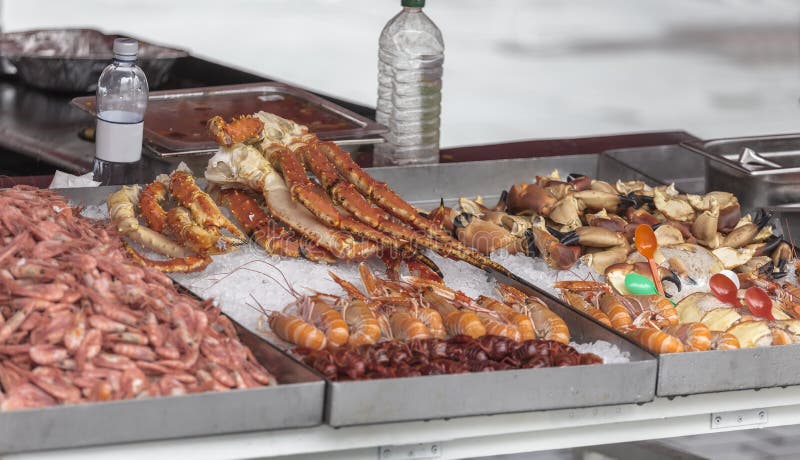 Seafood Counter Display Of Fish. White Cod And Tilapia Fillets Stock ...