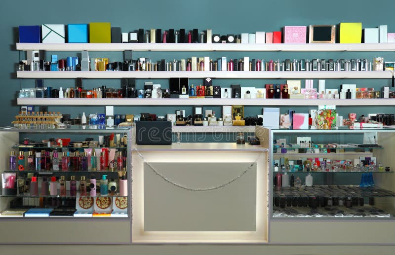 Counter and Shelves with Perfume Bottles in Shop Stock Image - Image of ...