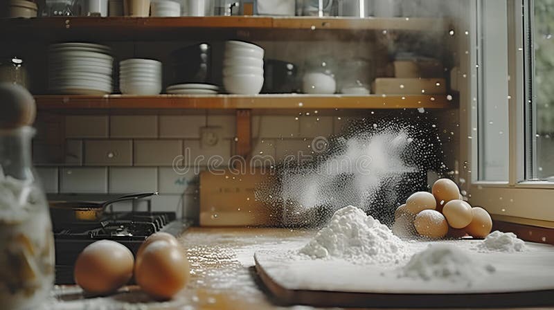 A Counter Topped with Lots of White Eggs and Flour Next To Windows ...