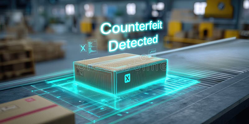 Counterfeit Detected Glowing Holographic Sign on Package in Warehouse ...