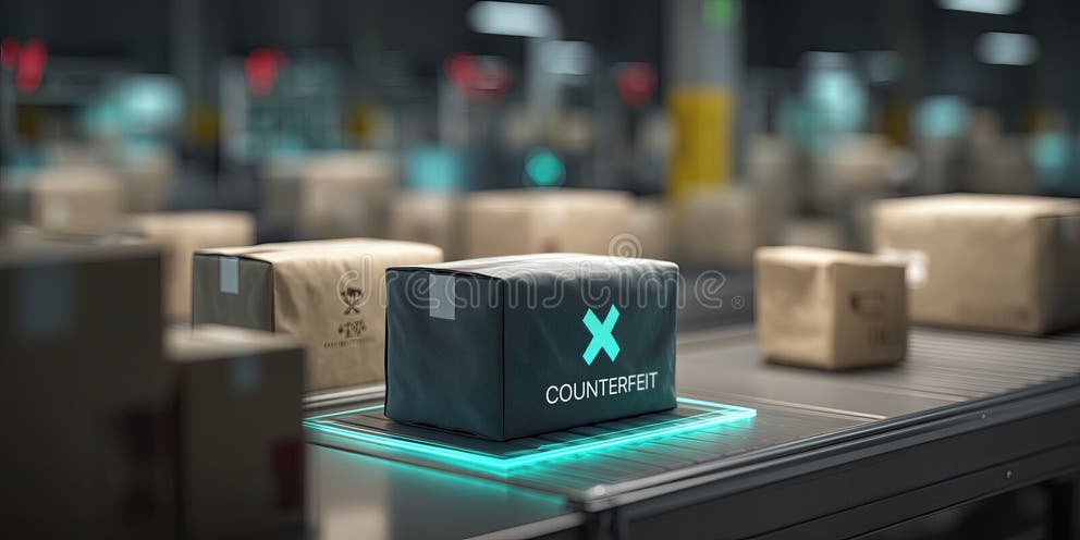 Counterfeit Package Detection Glowing on Conveyor Belt in Warehouse ...