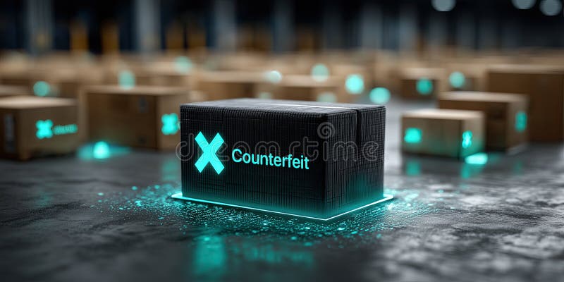Counterfeit Package Glowing in Warehouse, Close Up, Futuristic, Warning ...