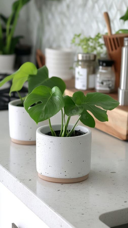 A Countertop Features Two Potted Artificial Monstera Plants Placed ...