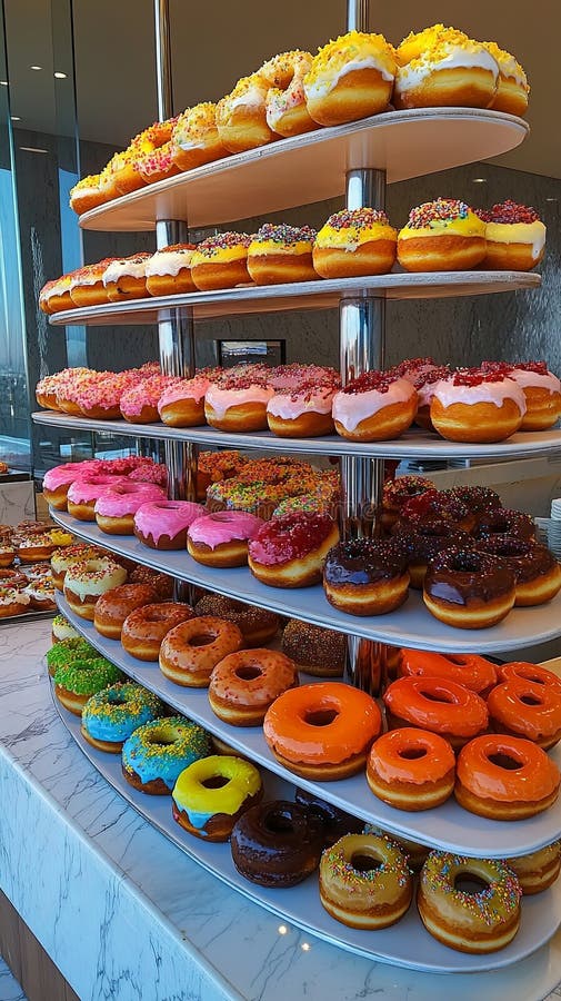 Countertop Filled Colorful Donuts Arranged Tiered Display Stock Photos ...