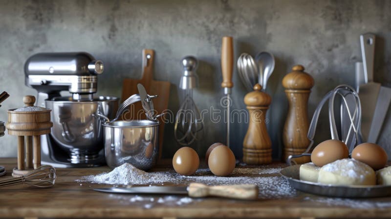 A Countertop Filled with Various Cooking Tools and Equipment Stock ...