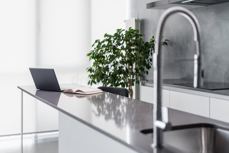Countertop with Laptop and Note Book in Kitchen Stock Photo - Image of ...