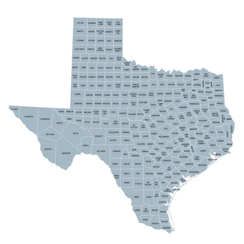Texas, U.S. State, Subdivided into 254 Counties, Gray Political Map ...
