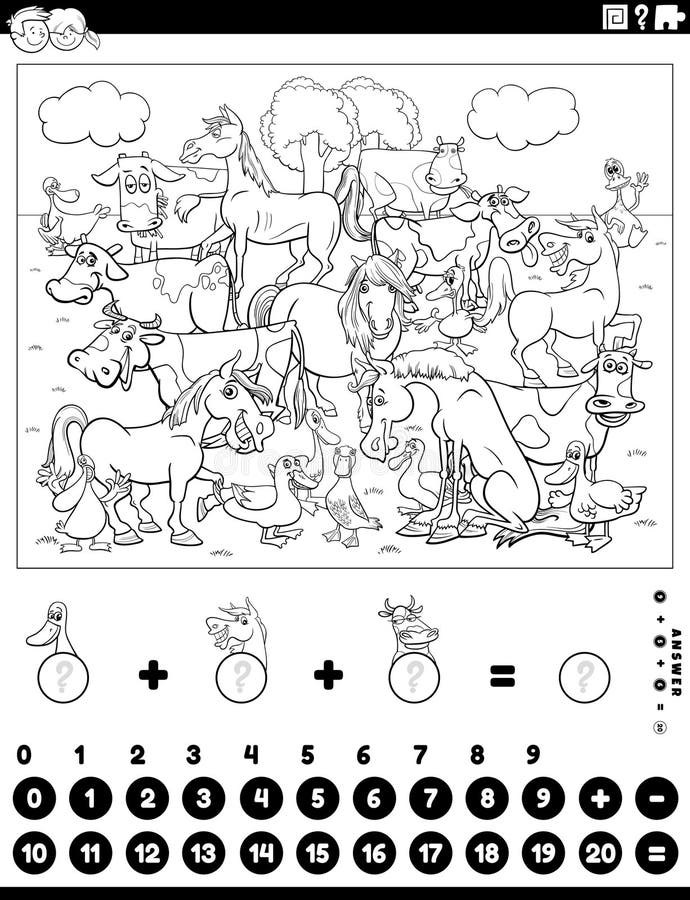 Counting and Adding Activity with Farm Animals Coloring Page Stock ...