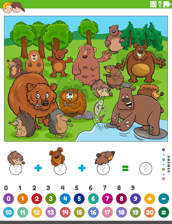 Counting and Adding Game with Cartoon Animals Stock Vector ...