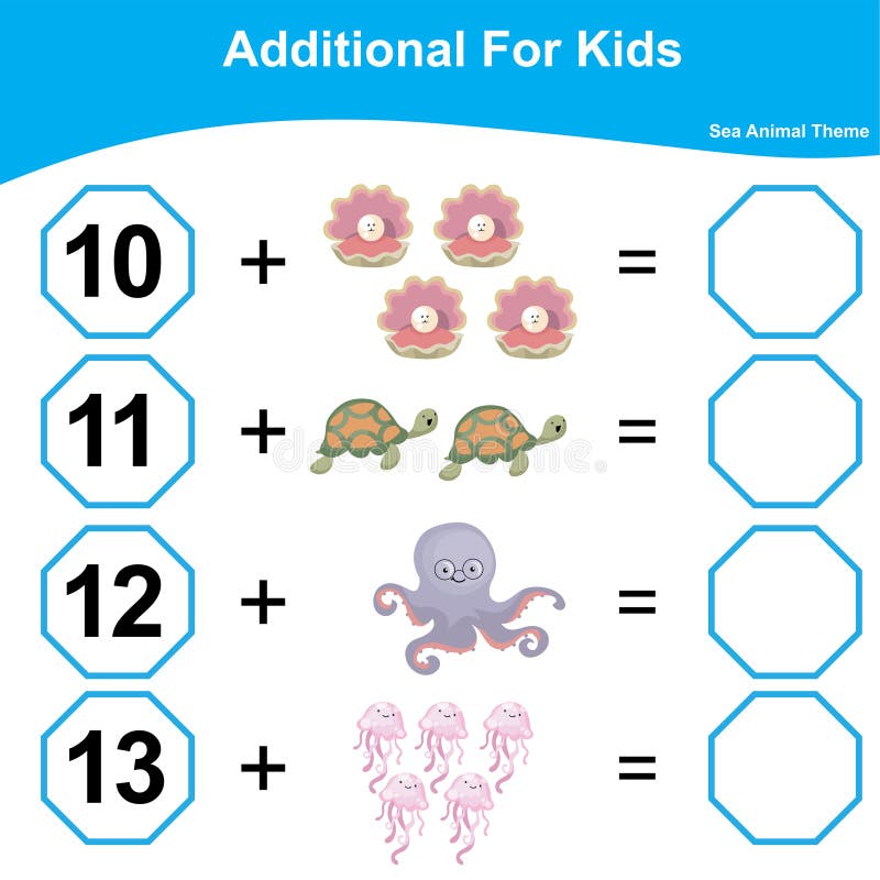 Addition Worksheet for Kids Stock Vector - Illustration of math, game ...