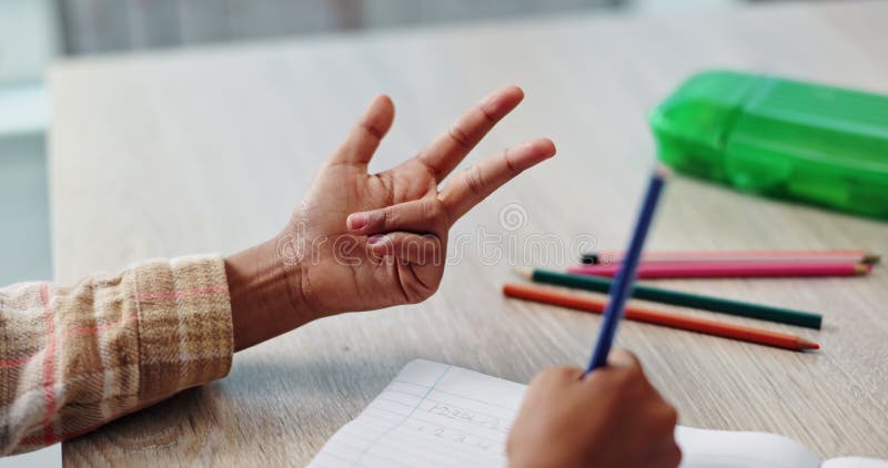 Counting, Child and Hand on Desk, Writing and Closeup of Education ...