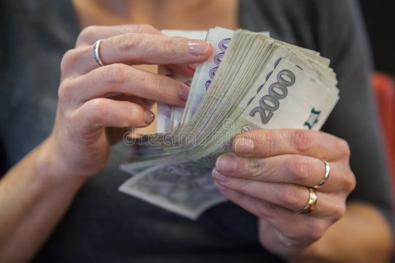 Counting Czech Banknotes in a Bank during a Transaction Stock Photo ...