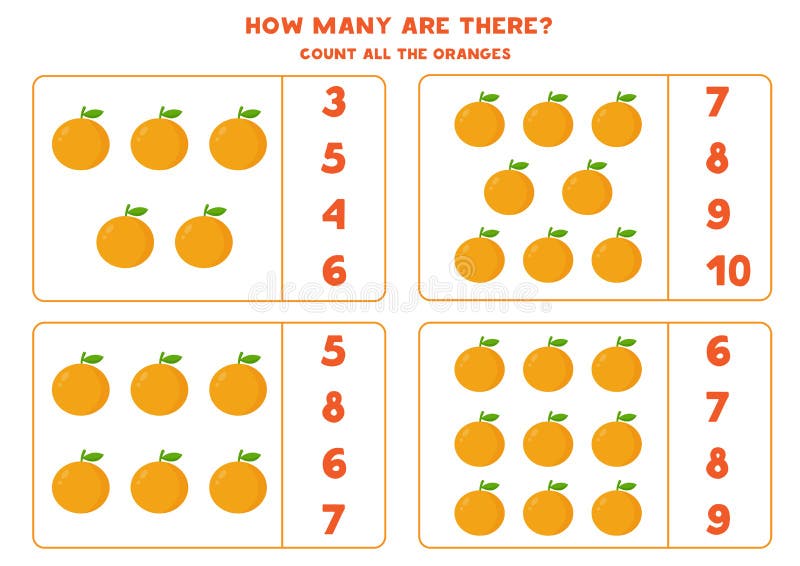 Counting Game with Cartoon Oranges. Math Worksheet. Stock Vector ...