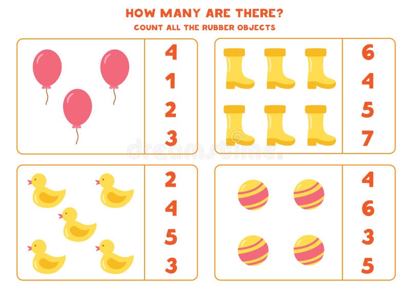 Counting Game with Cartoon Rubber Objects. Educational Worksheet. Stock ...