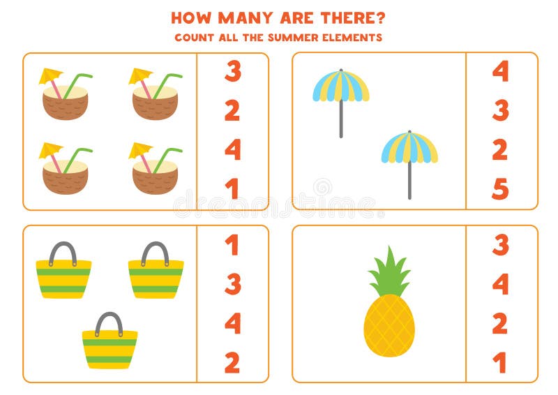 Counting Game with Cartoon Summer Elements. Math Worksheet. Stock ...