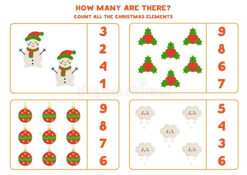 Counting Game with Cartoon Winter Elements. Educational Worksheet Stock ...