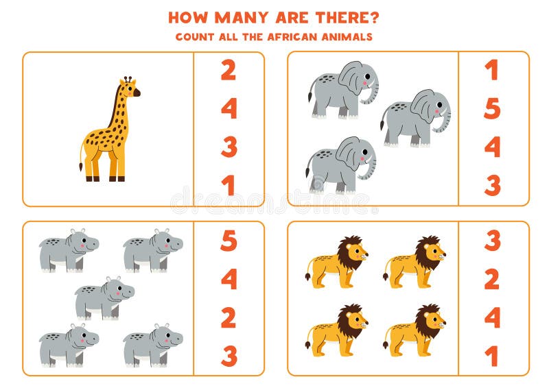 Counting Game with Cute African Animals. Educational Worksheet Stock ...