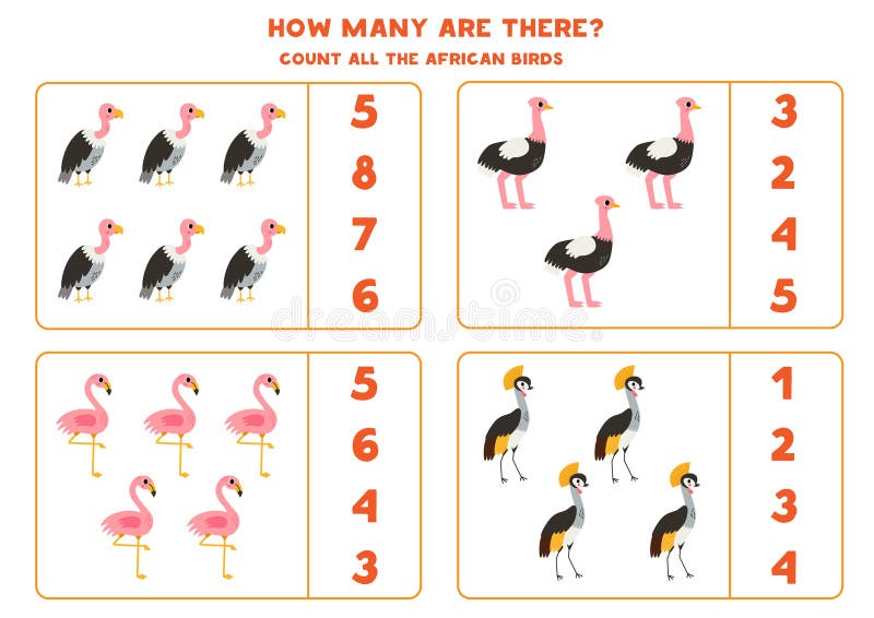 Counting Game with Cute African Birds. Educational Worksheet Stock ...