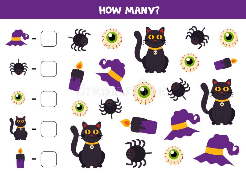 Counting Game with Cute Halloween Pictures. Math Worksheet. Stock ...